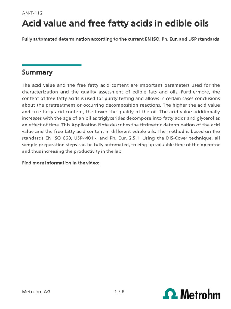 Acid Value and Free Fatty Acid - Edible Oils | PDF | Titration | Chemistry