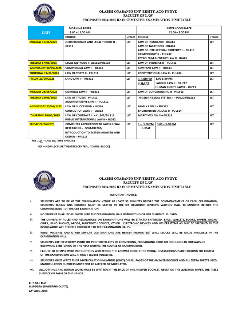 Faculty of Law 24-25 Rain Exam Timetable | PDF | Justice | Crime & Violence
