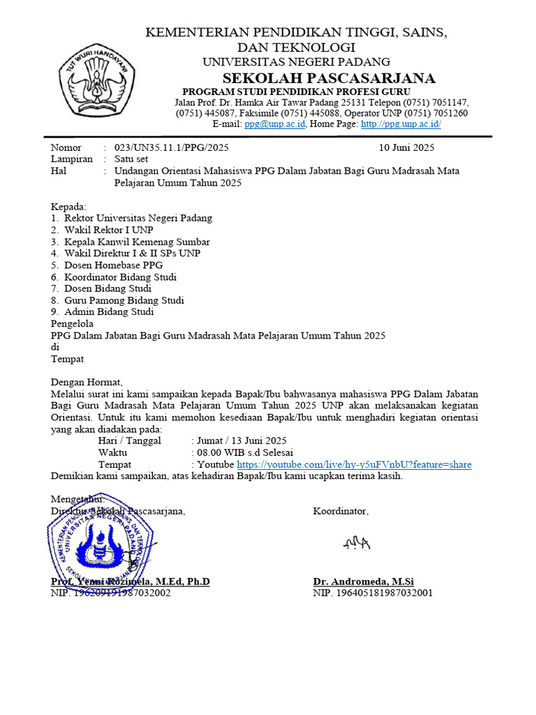 Undangan Orientasi PPG UNP 2025 | PDF