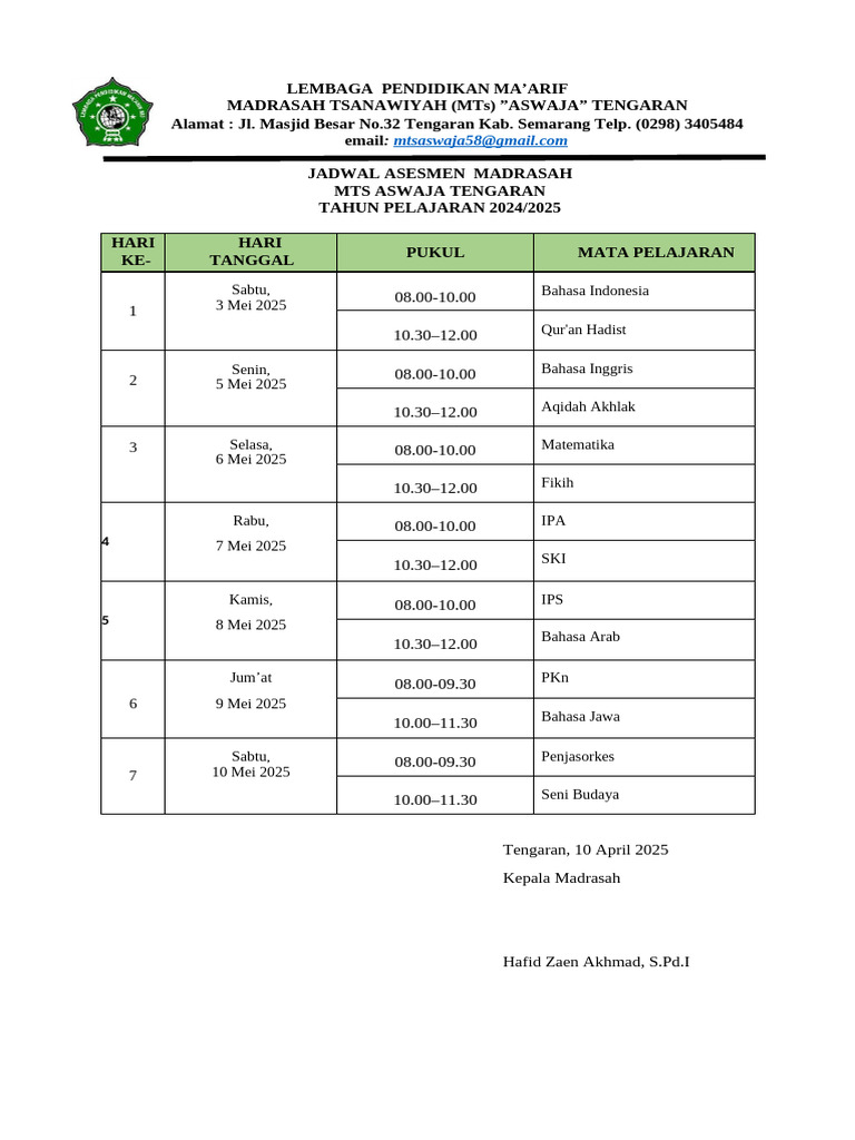 Jadwal Asesmen MTs Aswaja 2024/2025 | PDF