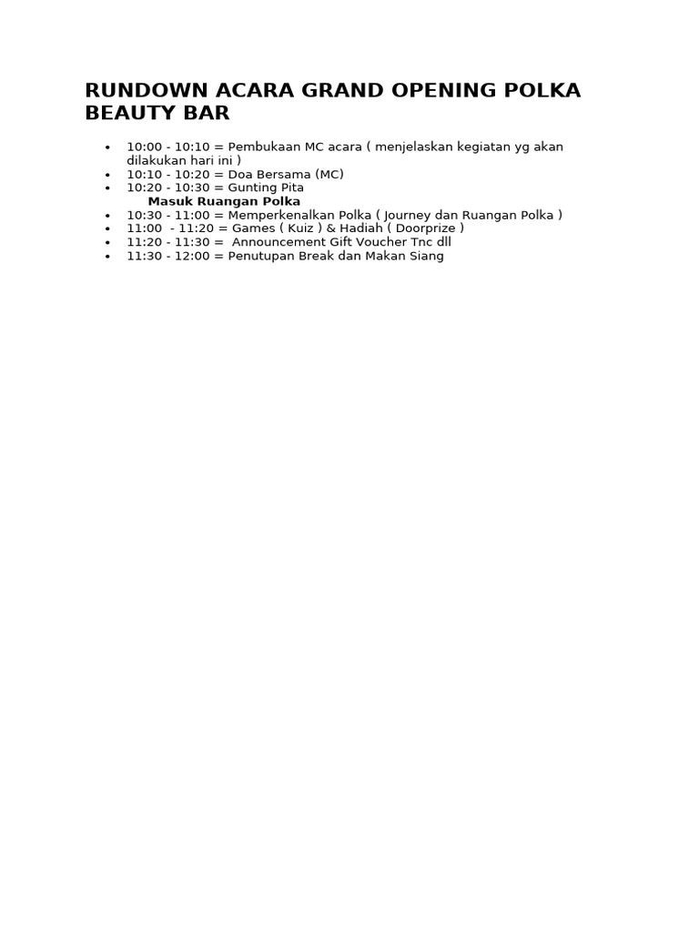 Rundown Acara Grand Opening Polka Beauty Bar | PDF