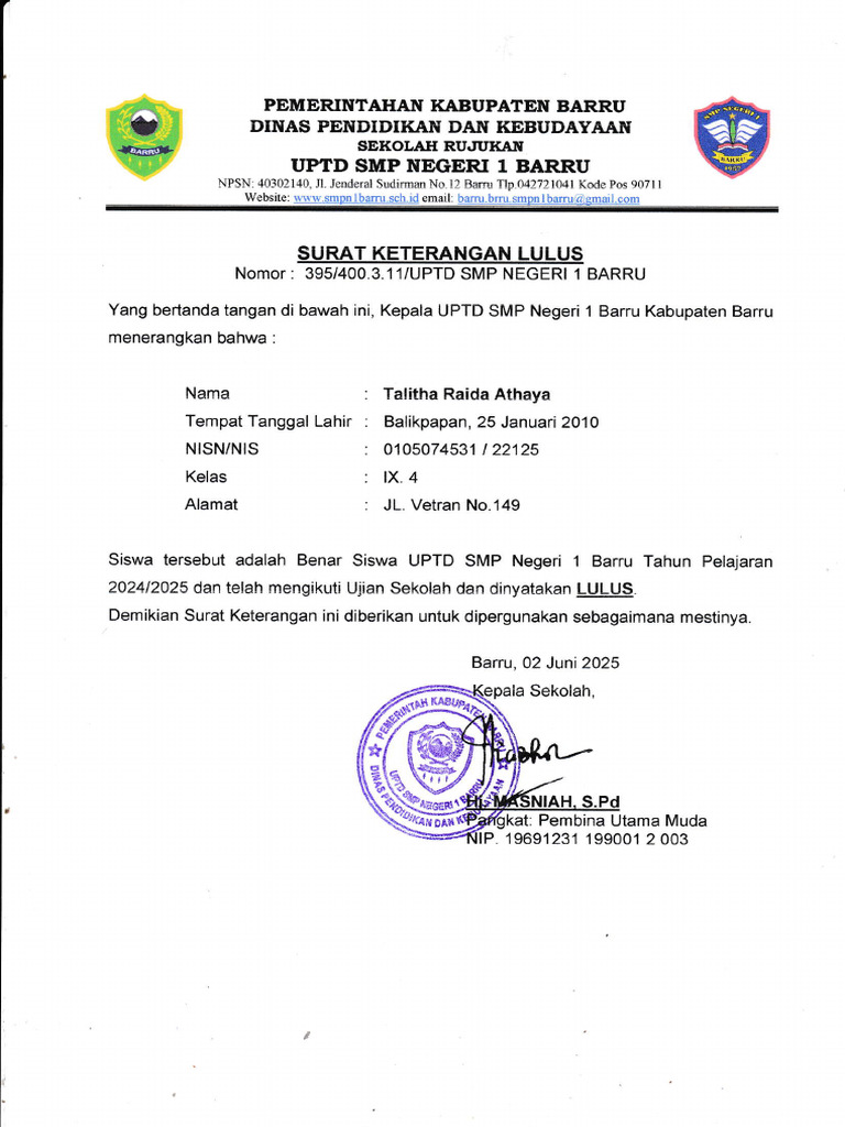 Surat Keterangan Lulus SMP Barru 2025 | PDF