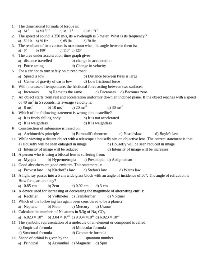 Physics and Math Quiz Questions | PDF | Force | Acceleration