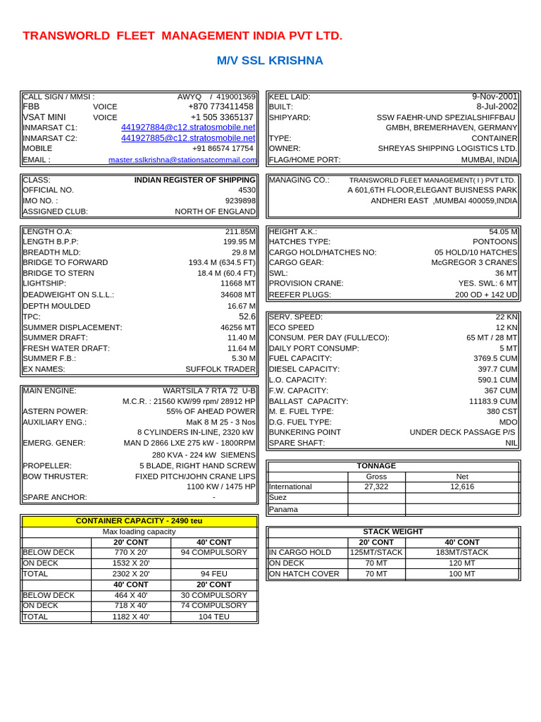 SSL Krishna Vessel Specifications | PDF | Shipping | Ships