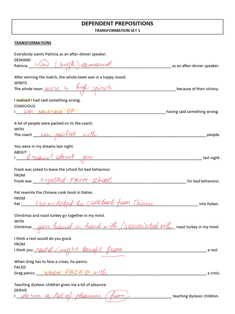 Dependent Prepositions Transformations Пдф | PDF