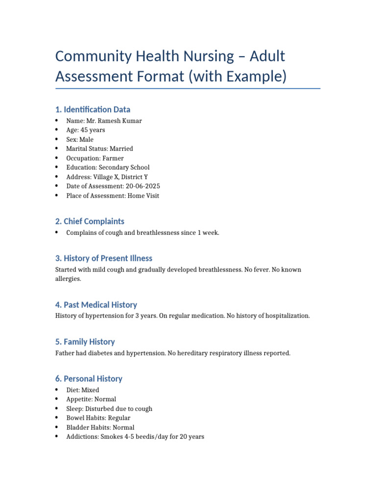 Adult Health Assessment Format Example | PDF