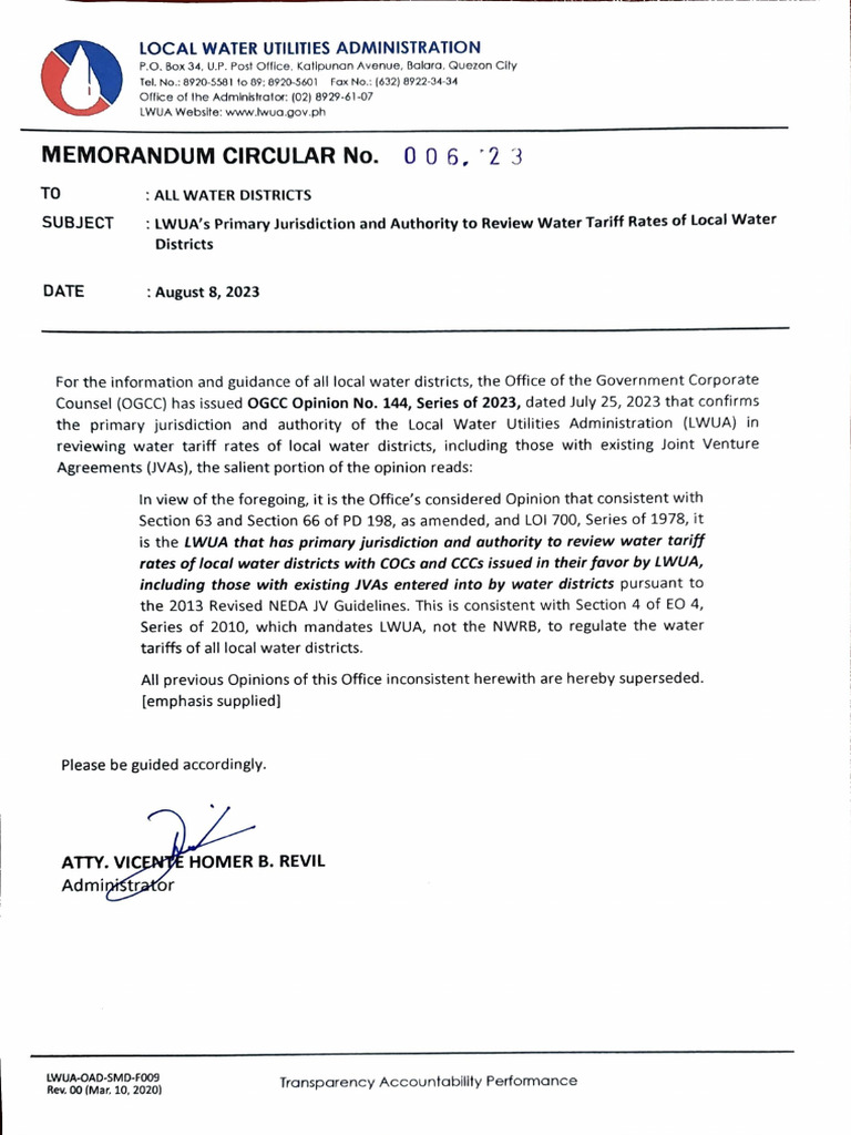 LWUA Authority on Water Tariff Rates | PDF