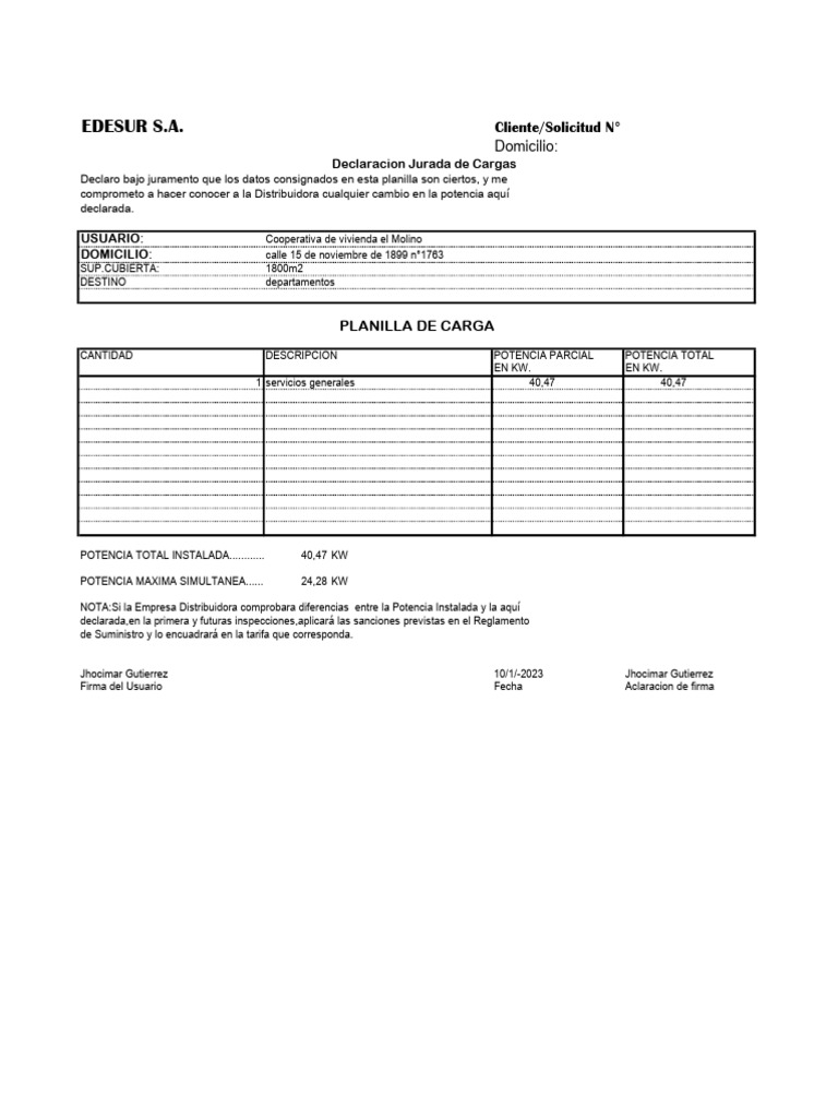 Planilla de Carga Serv Gral | PDF