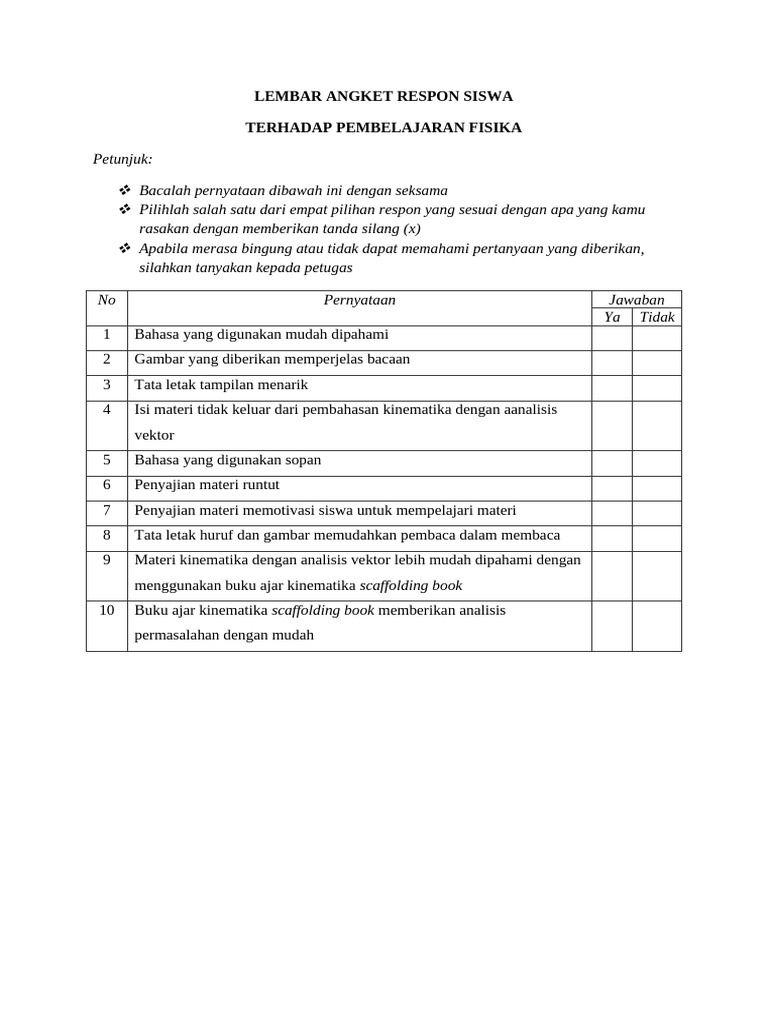 LEMBAR Angket Respon Siswa | PDF