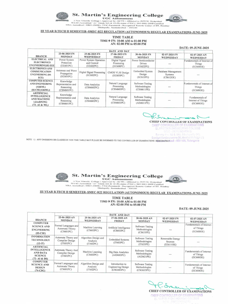 III-II BTECH Regular Exams (SMEC-R22) - June-2025 Time Table | PDF