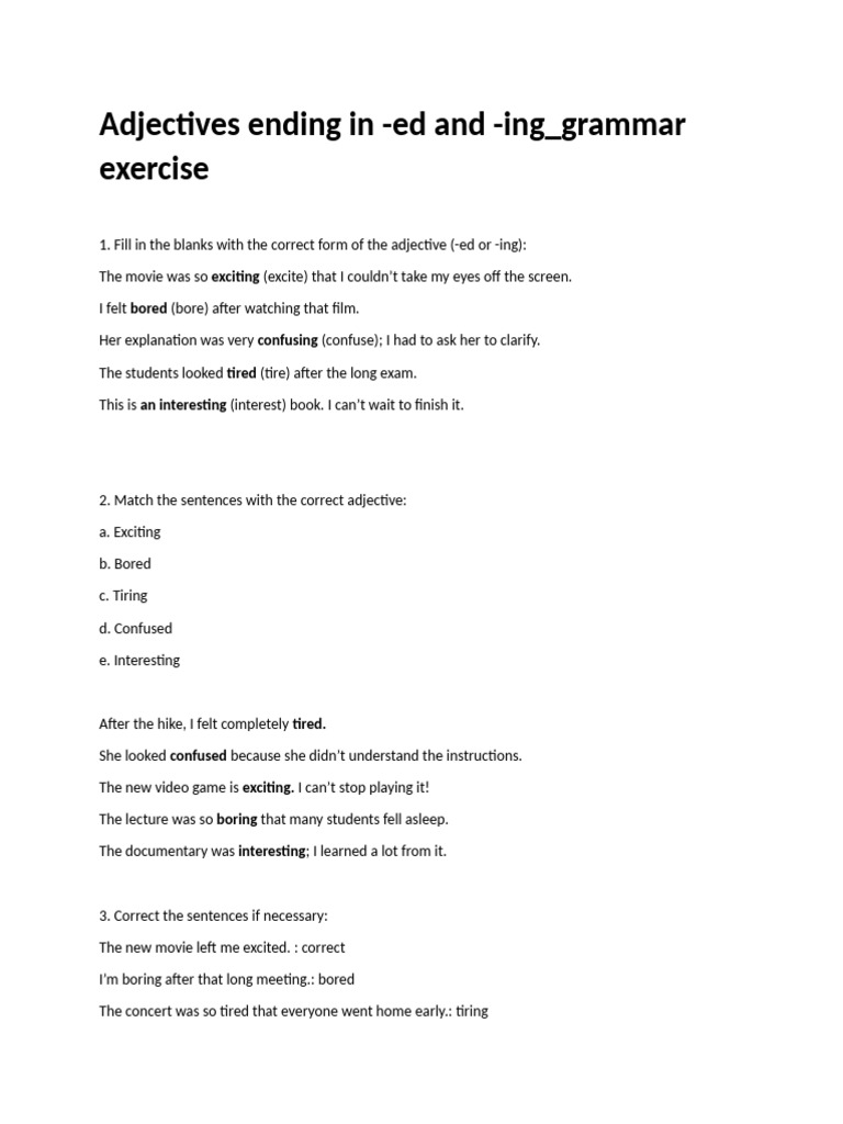 Adjectives Ending in Ed and Ing - Grammar Exercise | PDF