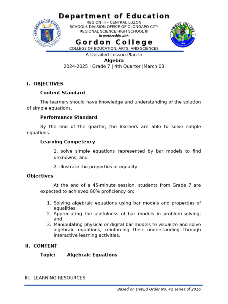 Grade 7 Algebra Lesson Plan 2024-2025 | PDF | Equations | Learning