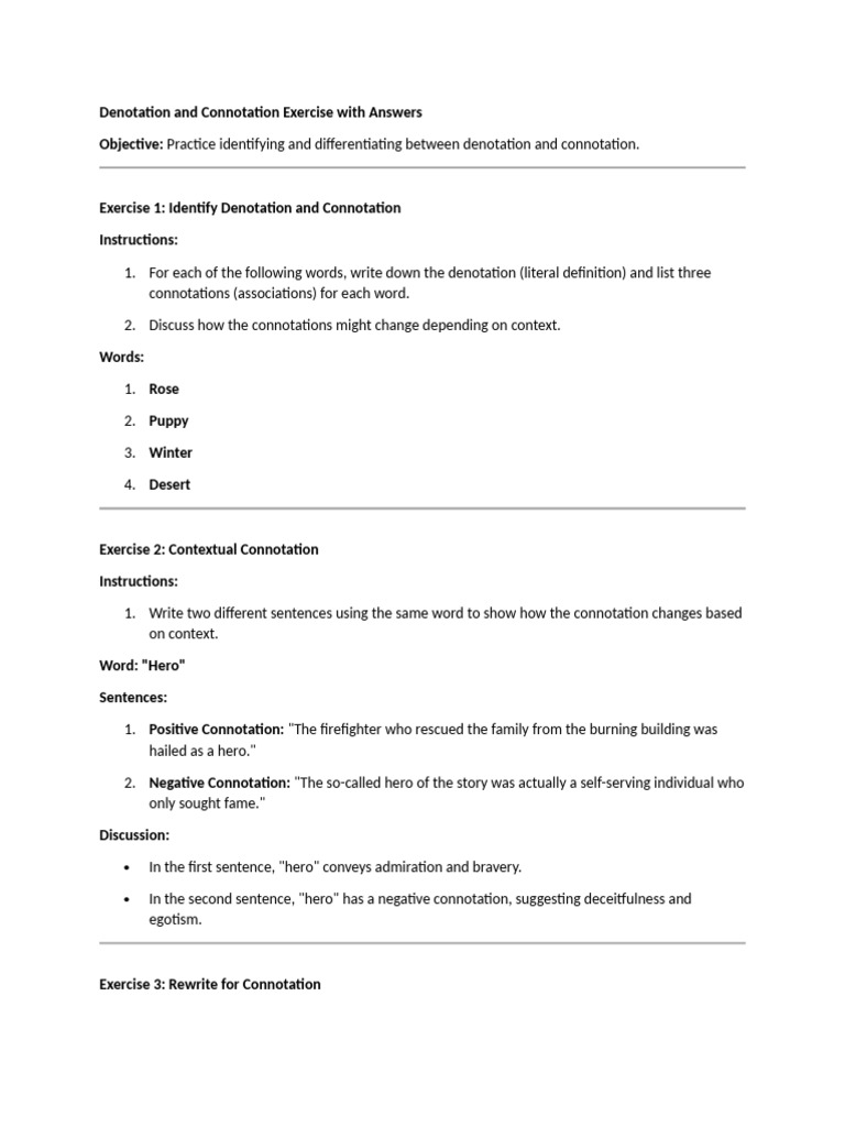 Denotation and Connotation Exercise | PDF | Connotation | Semiotics