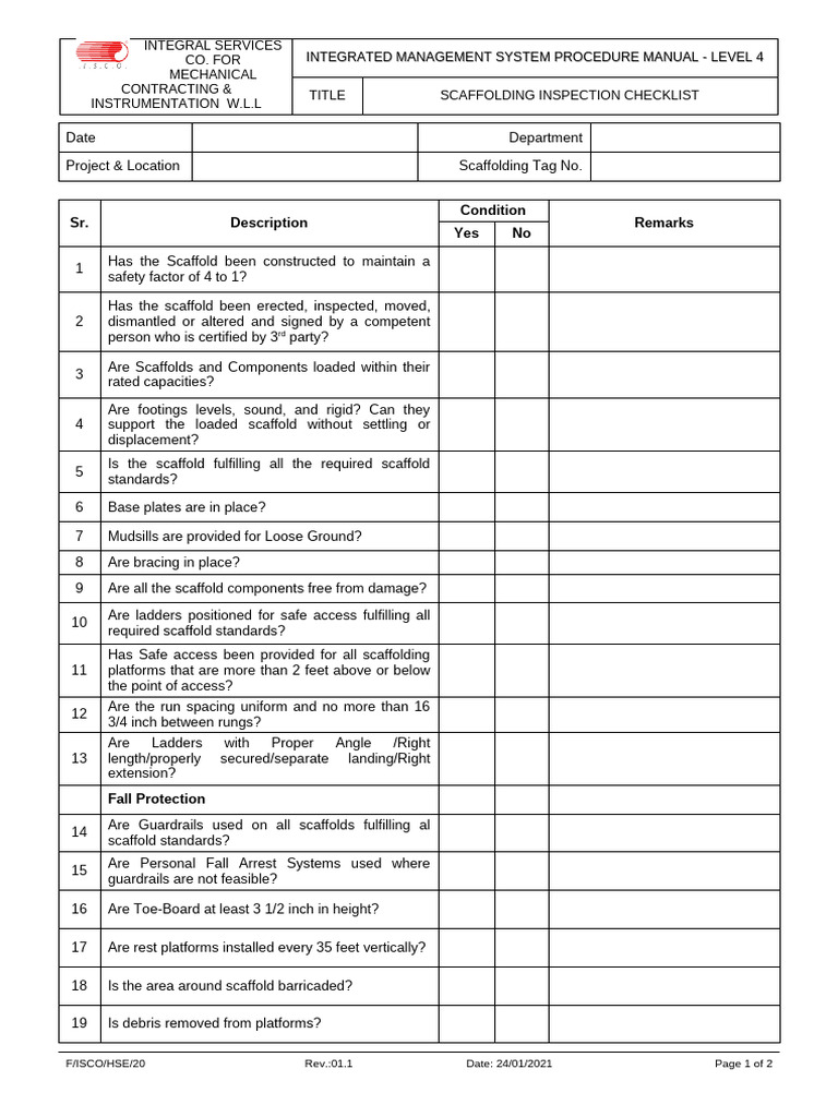 Scaffolding Inspection Checklist | PDF | Scaffolding | Ladder