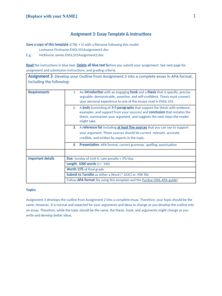 ENGL101 Assignment 3 Template | PDF | Essays | Apa Style