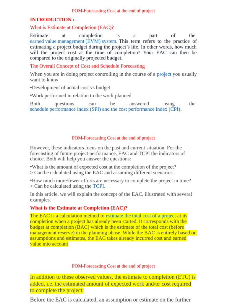 POM-Forecasting Cost at The End of Project | PDF | Statistical Theory