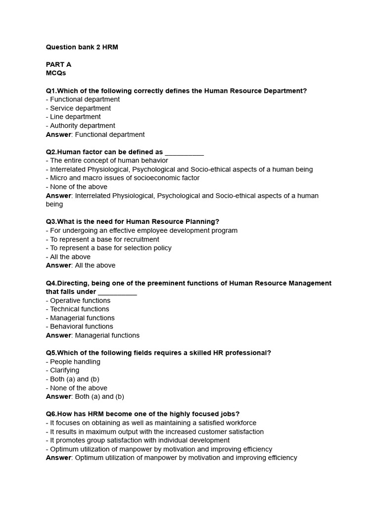 HRM Question Bank: MCQs & Insights | PDF | Human Resource Management ...
