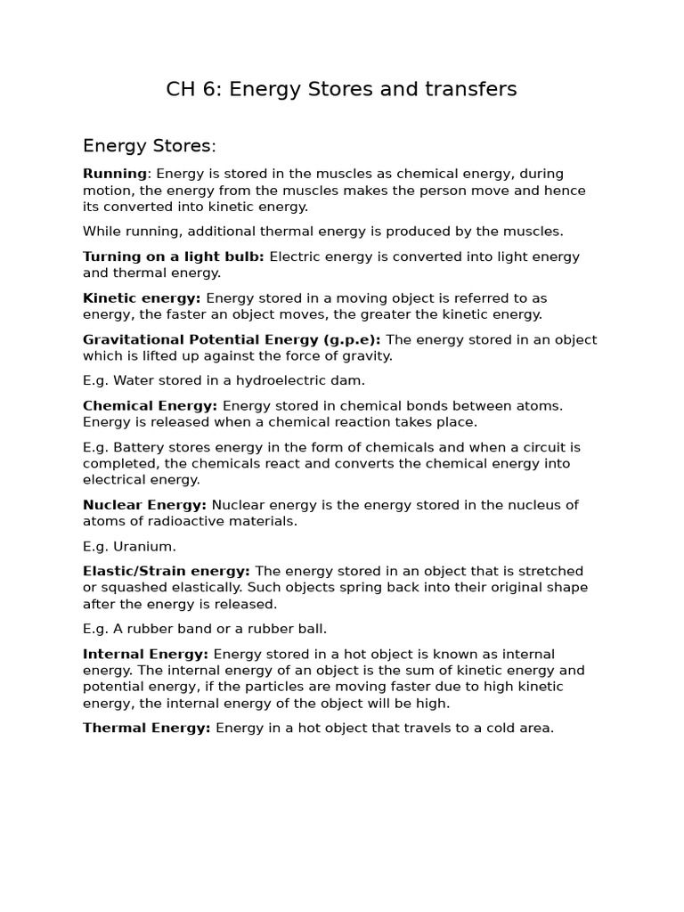 CH 6 Phy Energy Stores and Transfers | PDF | Kinetic Energy | Potential ...