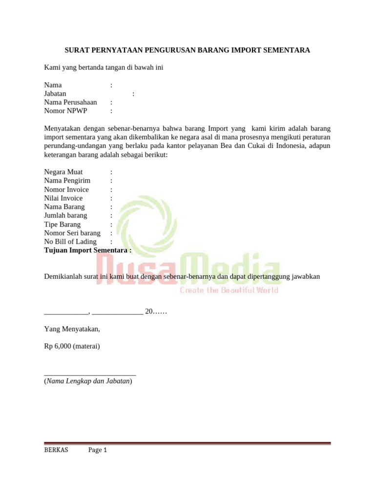 Contoh Surat Pernyataan Pengurusan Barang Import Sementara | PDF