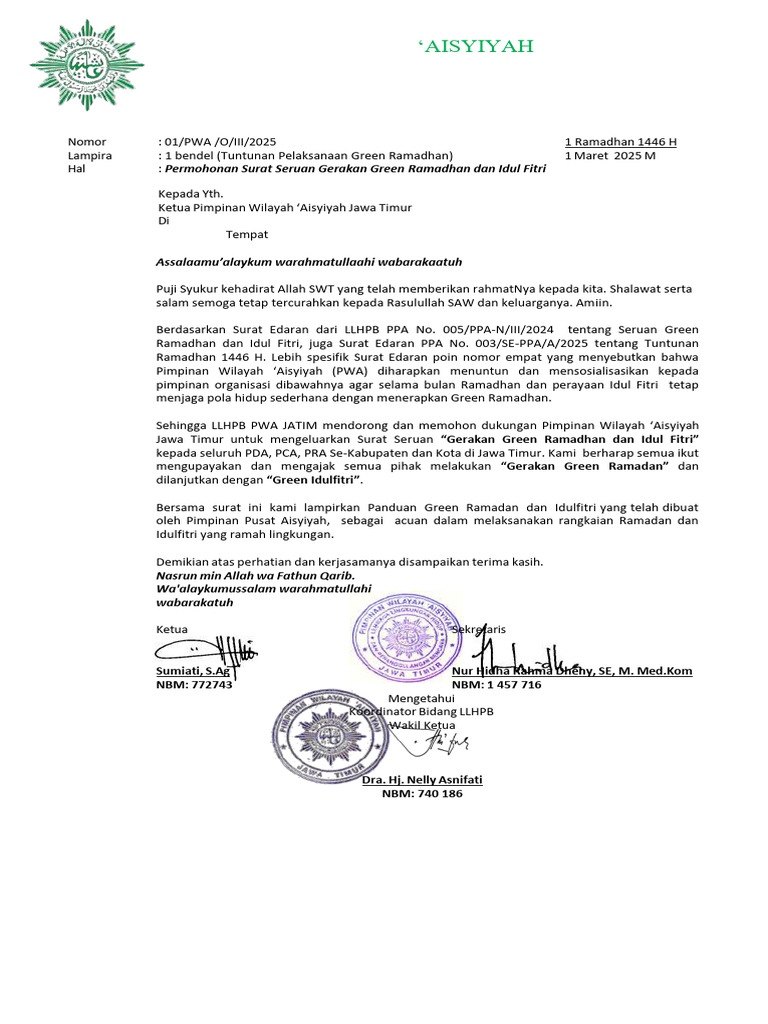 Surat Permohonan Edaran Seruan Gerakan Green Ramadhan PWA Jatim 2025 | PDF