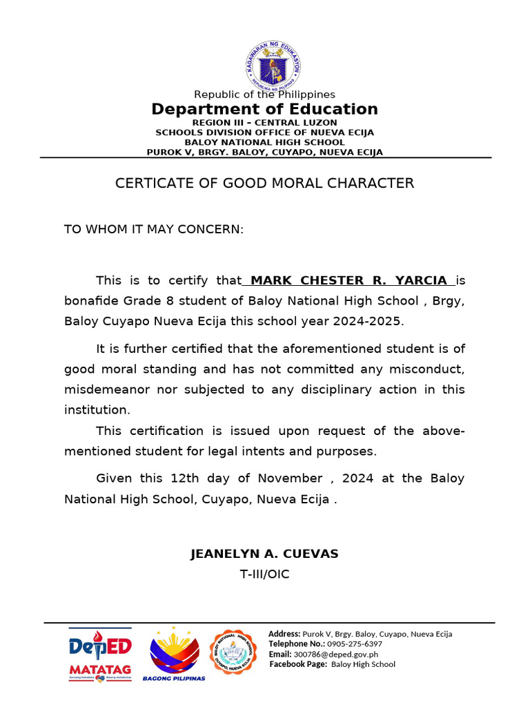 Cert of Good Moral | PDF