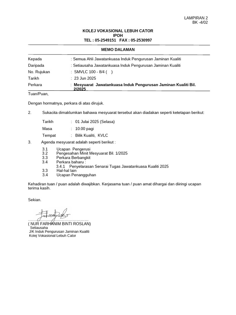Memo Bil 2 2025 | PDF