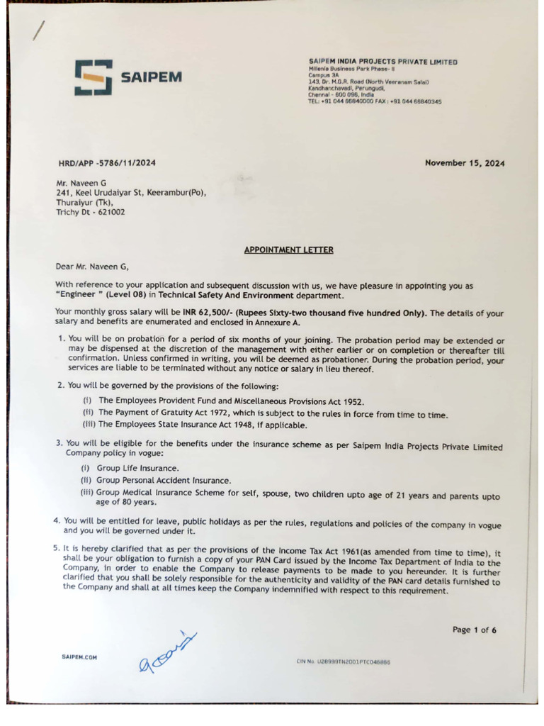 Naveen G - Appointment Letter (Signed Copy) | PDF