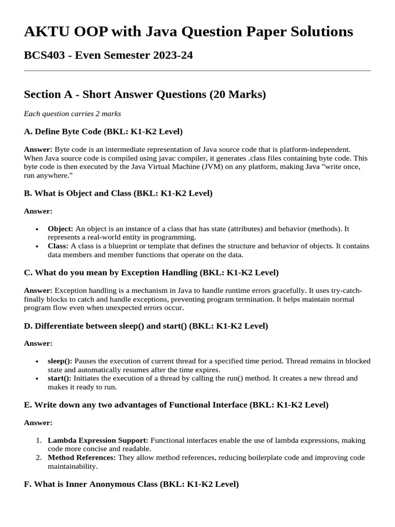 AKTU OOP With Java Question Paper Solutions | PDF | Inheritance (Object Oriented Programming ...
