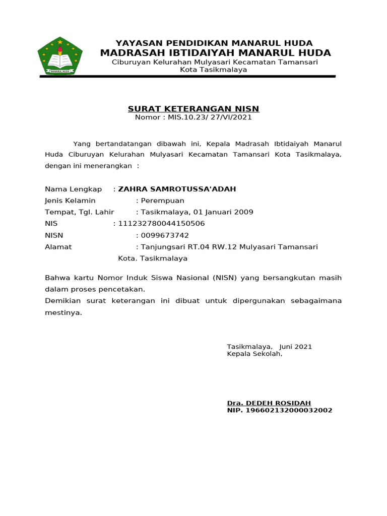 Surat Keterangan NISN 2021 | PDF