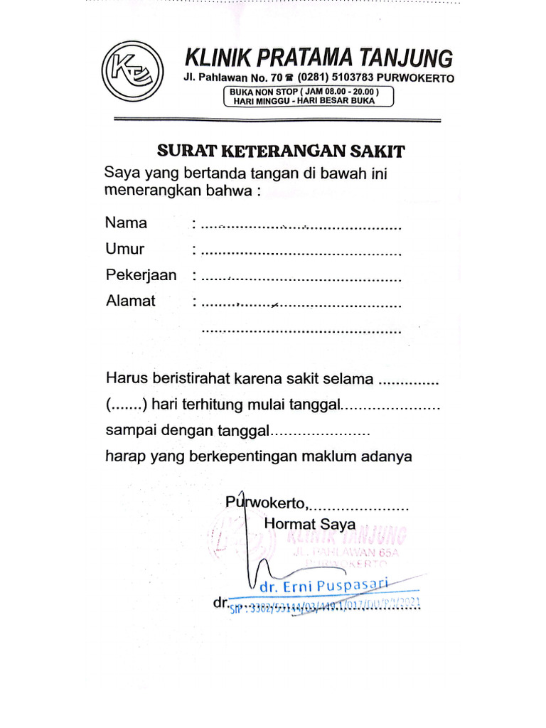 Surat Sakit Klinik Tanjung-1 | PDF