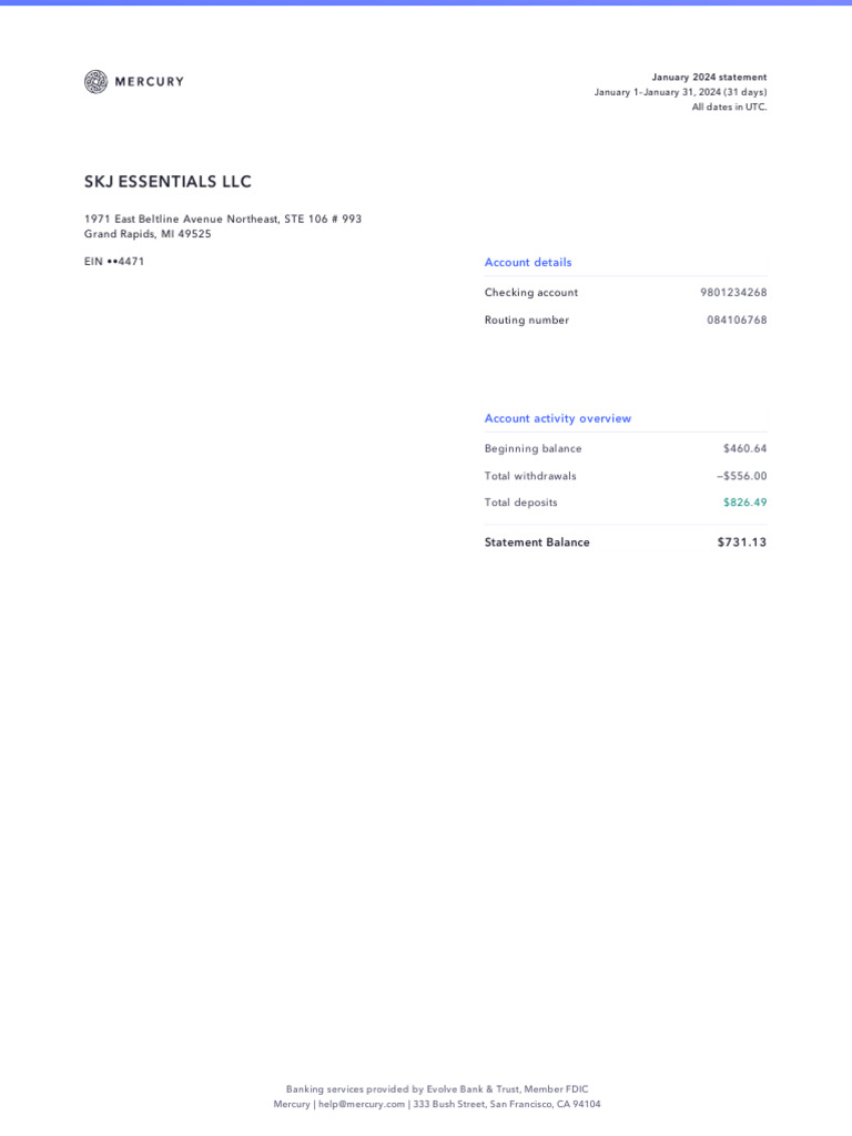 SKJ Essentials LLC 4268 Monthly Statement 2024 01 | PDF | Banking | Money
