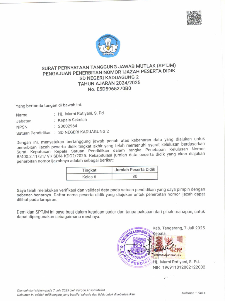 SPTJM e Ijazah SDN KDG 2 2025 | PDF
