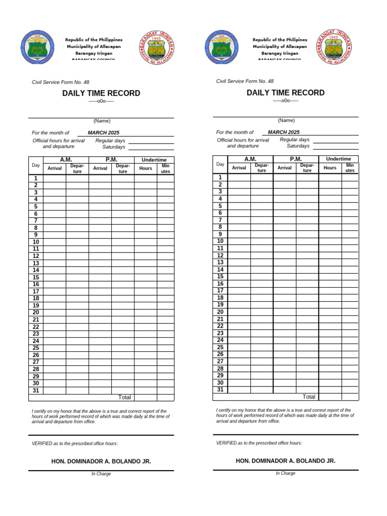 Daily Time Record for March 2025 | PDF