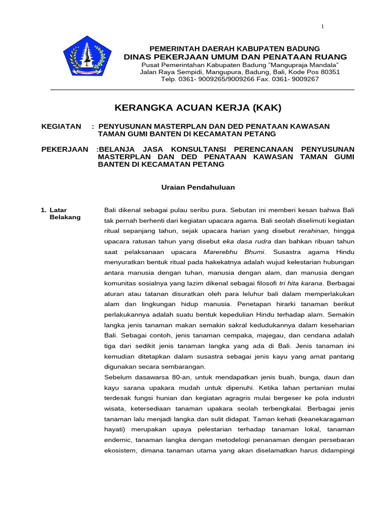 KAK - PA Masterplan Dan DED Penataan Kawasan Taman Gumi Banten (Rev 220119) | PDF