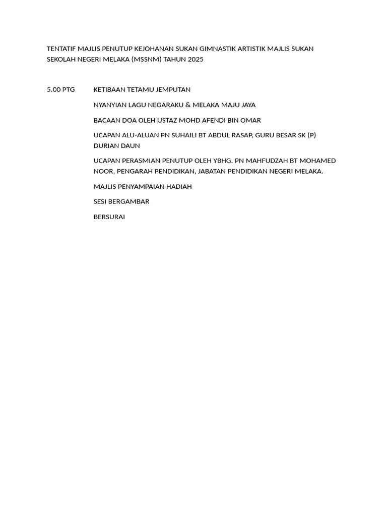 Tentatif Majlis Penutup Kejohanan Sukan Gimnastik Artistik Majlis Sukan ...