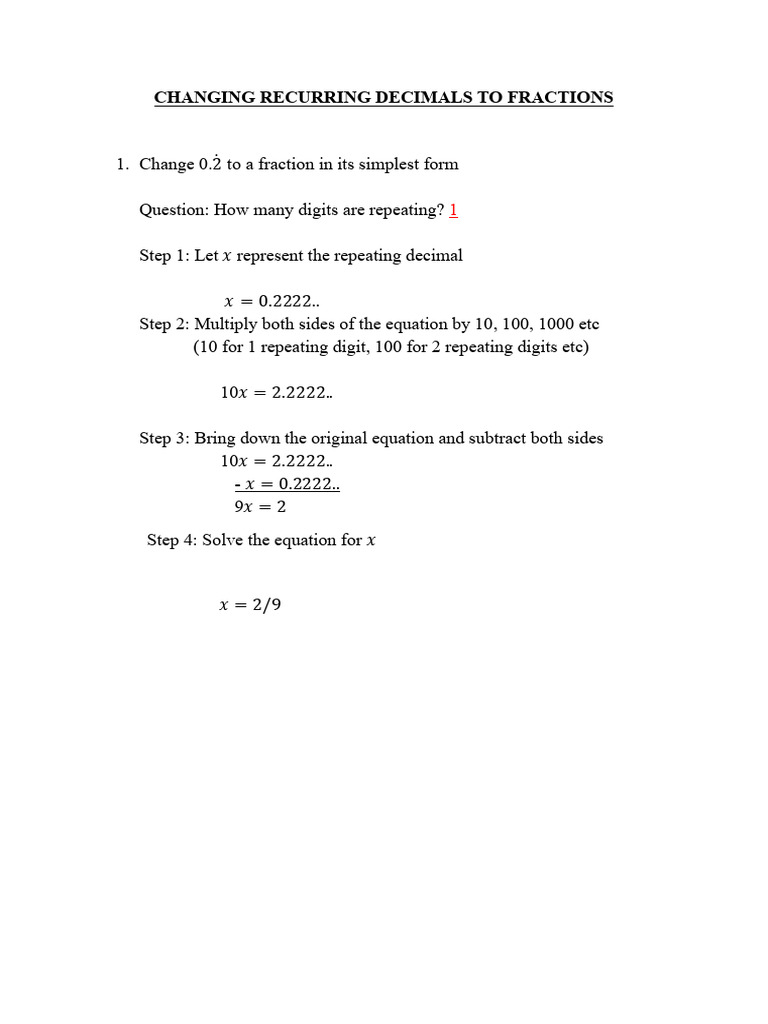 Changing Recurring Decimals To Fractions | PDF