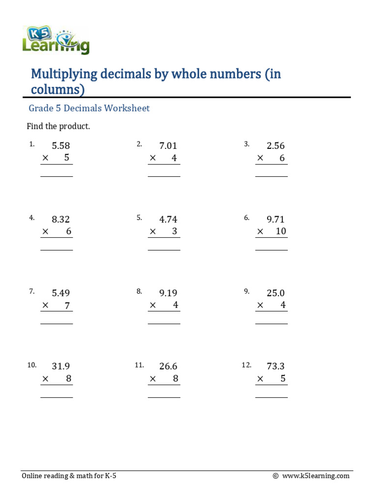 Grade 5 Multiplying Decimals by Whole Numbers Col F | PDF
