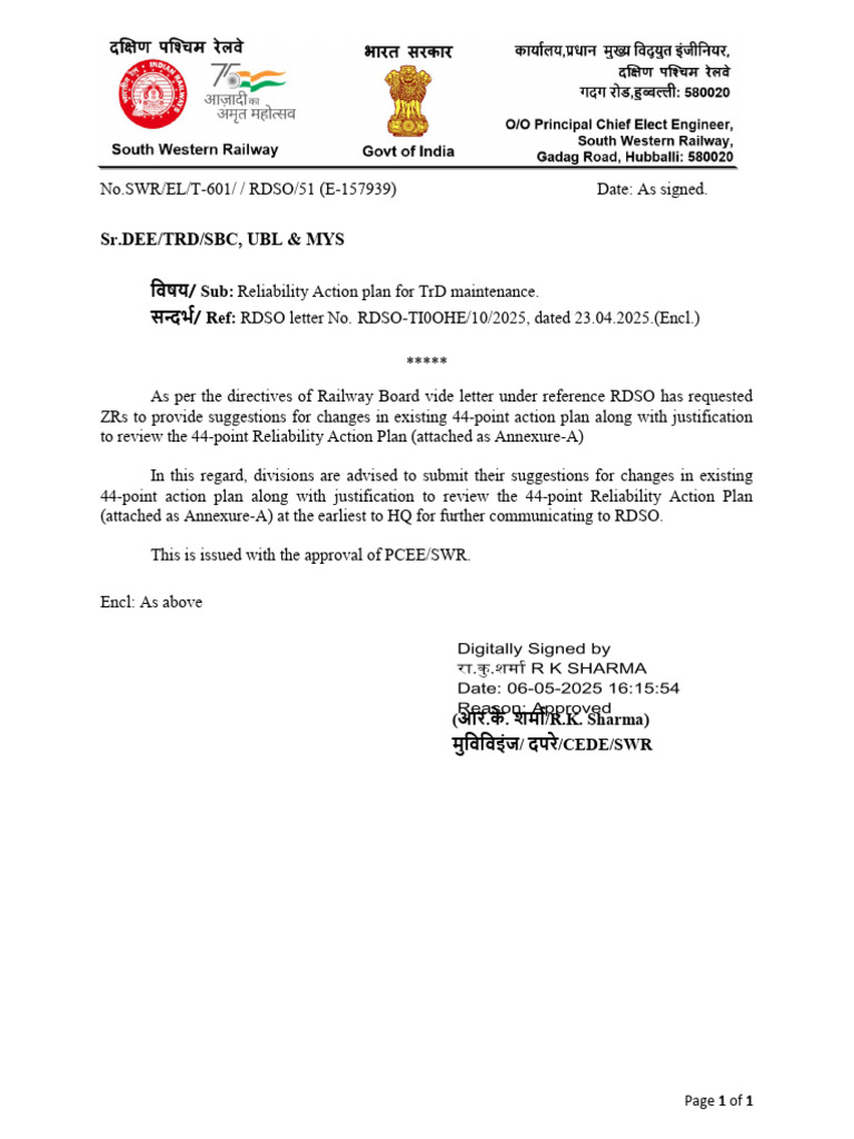 51 Letter To Divisions Reg Reliability Action Plan For TRD Maintenance Signed | PDF | Railway ...