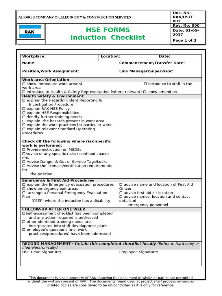 HSE Induction Checklist for Employees | PDF | Emergency | Workplace