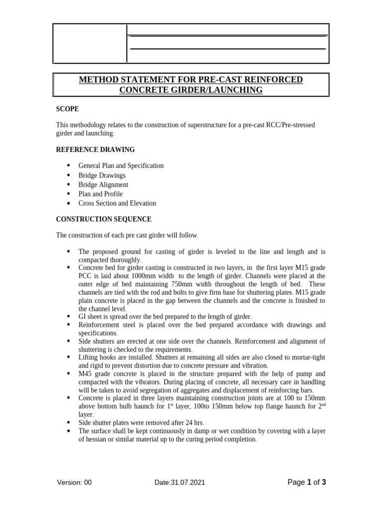 Pre-Cast Concrete Girder Method Statement | PDF | Crane (Machine ...