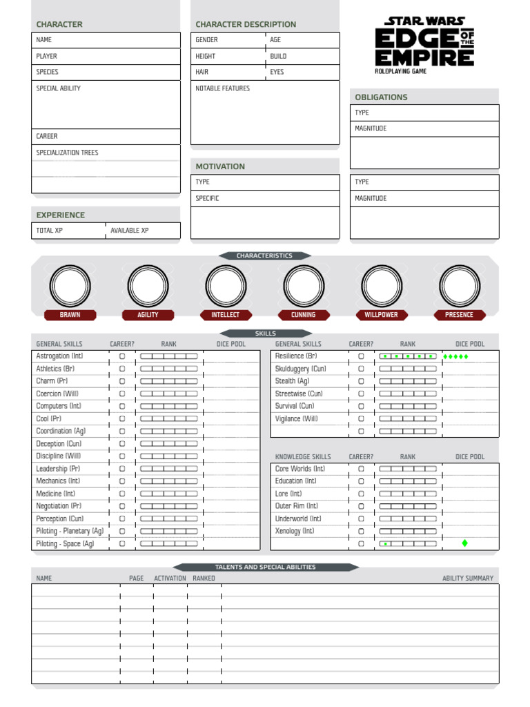 Edge of The Empire - Character Sheet - Editable - Dice Roll Updating | PDF | Tabletop Games | Gaming
