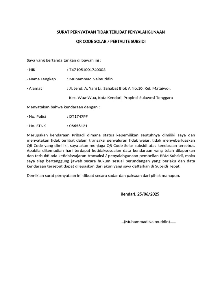 Surat Pernyataan BBM | PDF