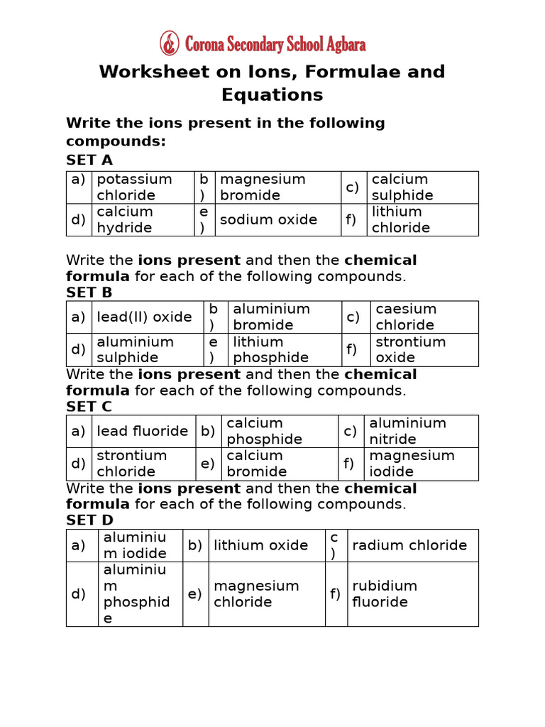 Worksheet On Ions, Formulae and Equations | PDF | Hydroxide | Calcium