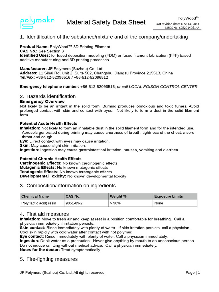 Msds Polymakr Pla Polywood | PDF | Firefighting | Occupational Safety ...