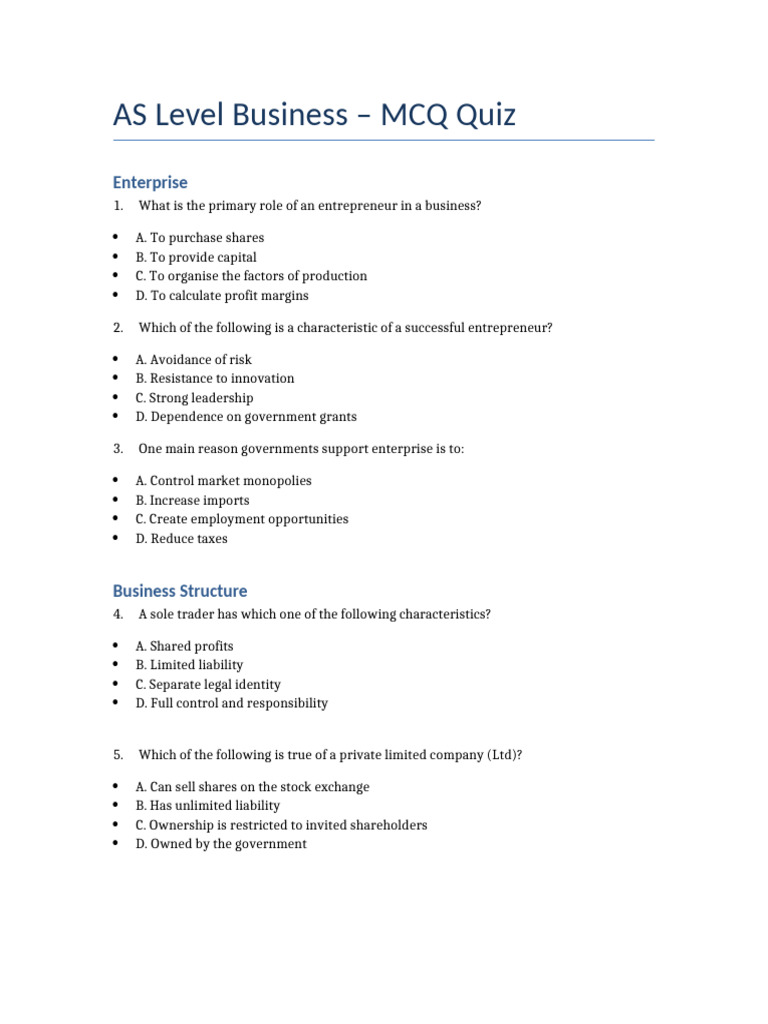 AS Level Business MCQ Quiz Guide | PDF | Legal Liability | Sole ...