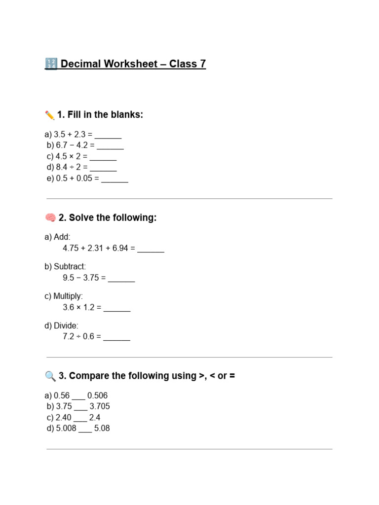 ? Decimal Worksheet - Class 7 | PDF