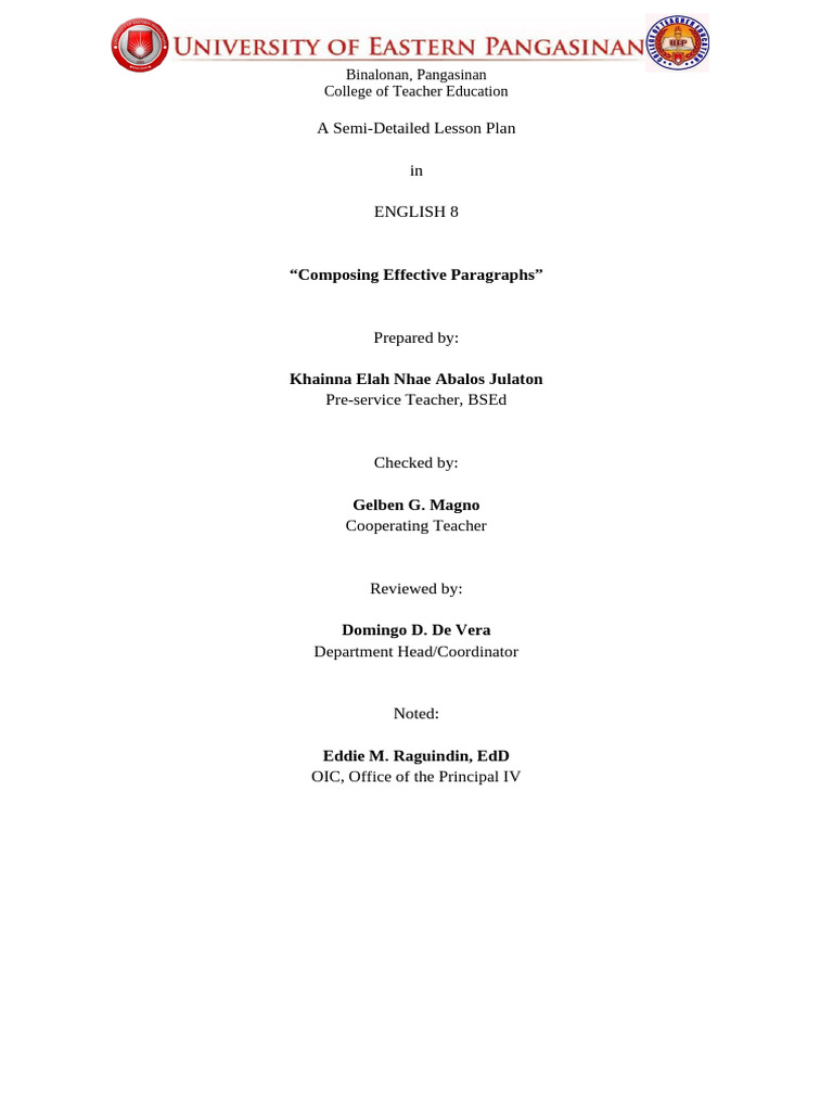 Semi Detailed Lesson Plan: Paragraph | PDF | Healthy Diet | Diet ...