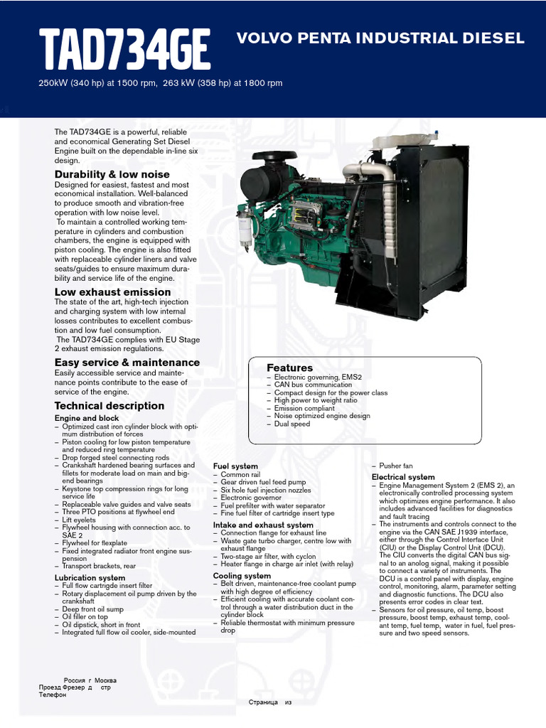 Volvo Penta TAD734GE Diesel Engine Specs | PDF | Piston | Engines