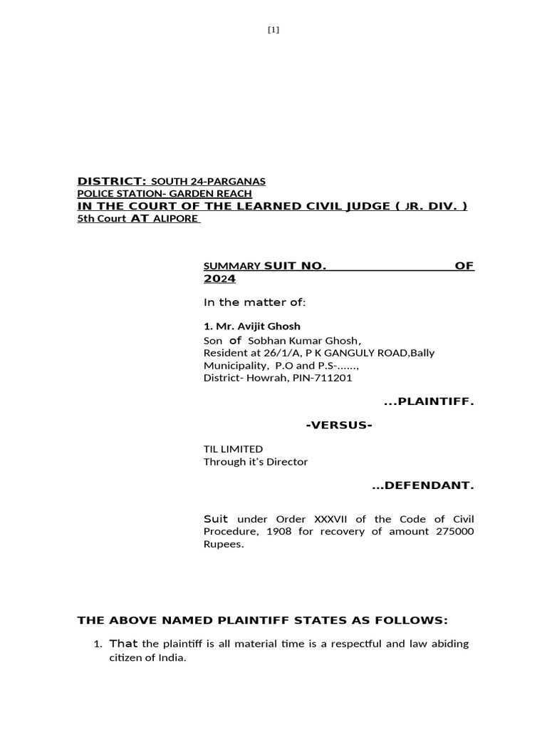 Summary Suit for Unpaid Settlement Claim | PDF | Lawsuit | Affidavit