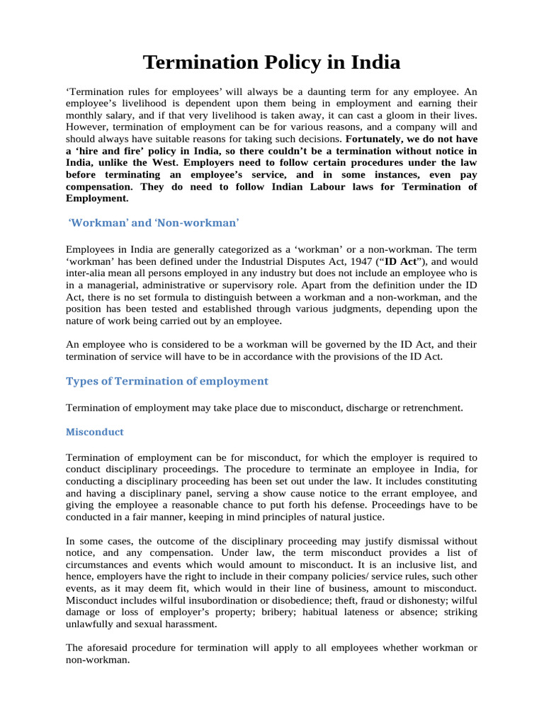 Employee Termination Policy in India | PDF | Employment | Justice